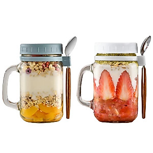 Overnight Oat Containers with Lids and Spoon and Handle, 2 Pack, Large Glass Overnight Oats Jars Reusable Airtight 16 oz Mason Jars for Cereal Yogurt