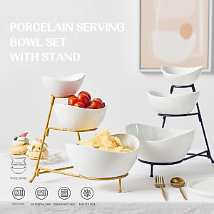 Gomakren 3 Tiered Oval Serving Bowl With Collapsible Metal Rack, Dessert Appetizer, Candy Chip Dip, Fruit, Vegetable Bowl Set, White Serving Dishes For Entertaining (Black)