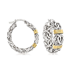 Ross-Simons Byzantine Station Hoop Earrings in Sterling Silver With 14kt Yellow Gold