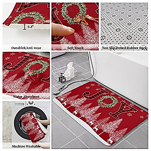 Kitchen Mat Rug Set of 2 Christmas Reindeer Xmas Tree Winter Snow Joy Red Plaid Runner Rug Anti-Fatigue Comfort Memory Foam Standing Mat Non-Slip Floor Door Mat for Bathroom Bedroom 20x32in+20x63in