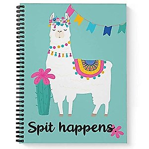 Softcover Spit Happens 8.5" x 11" Funny Llama Spiral Notebook/Journal, 120 Wide Ruled Pages, Durable Gloss Laminated Cover, Black Wire-o Spiral. Made in the USA