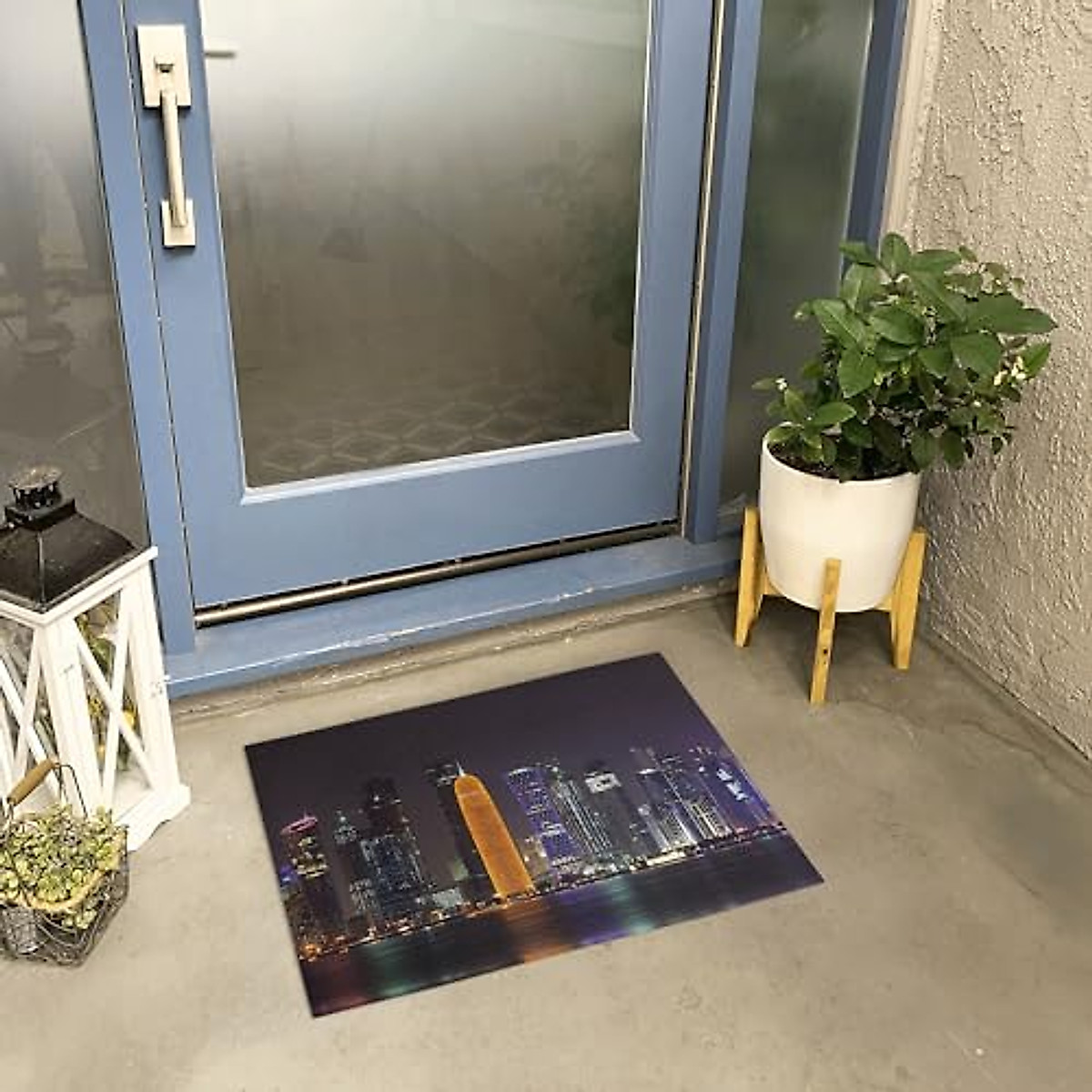 Ambesonne Urban Doormat, Qatar Middle East Town with Luminous Skyscraper at Night View, Decorative Polyester Floor Mat with Non-Skid Backing, 30" X 18", Charcoal Grey Purple Orange