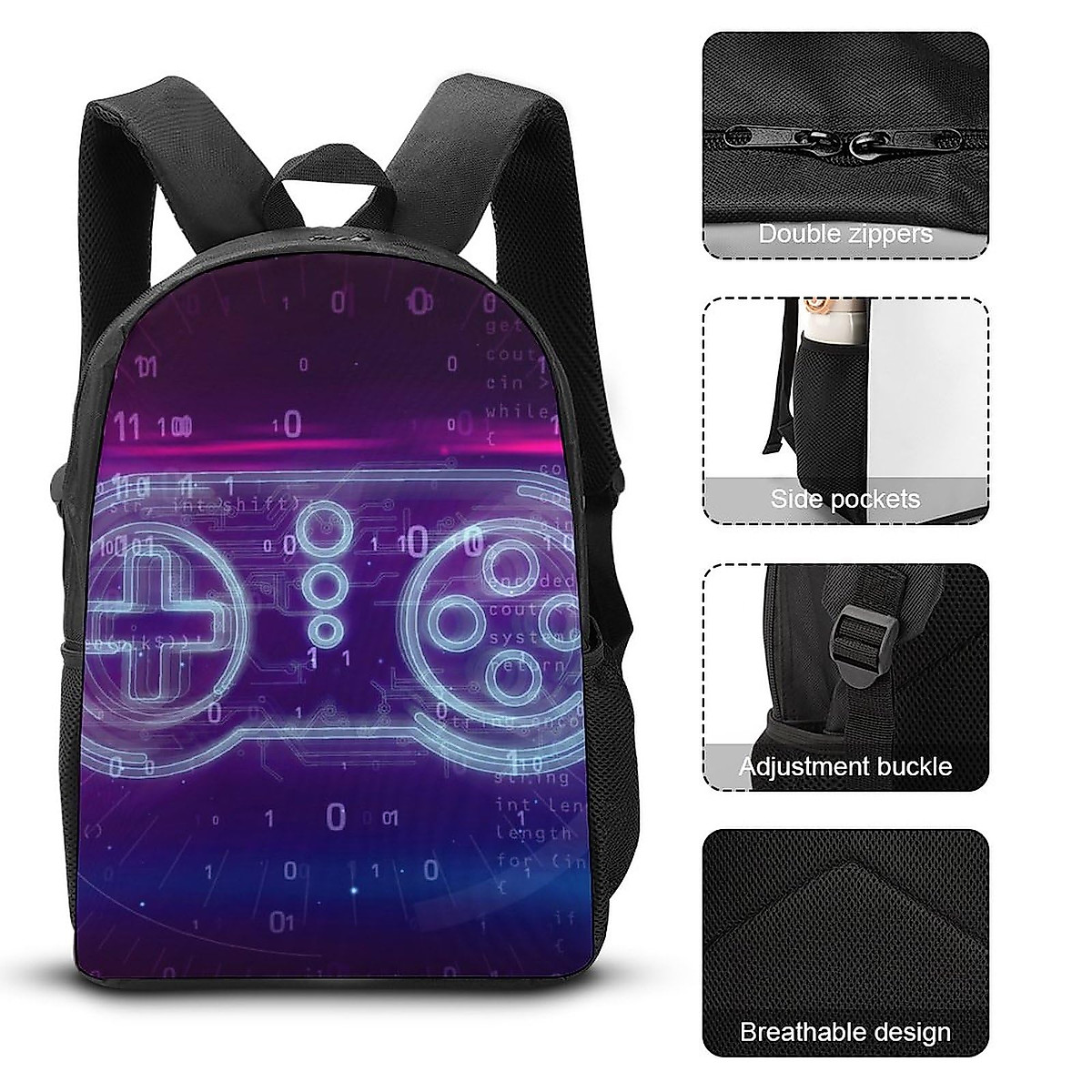 NAWFIVE Retro Gamepad Controller Backpack with Lunch Box And Pencil Case Set 3d Hologram Gaming Travel Daypack Bookbag for Men Women Laptop Backpack 3pcs