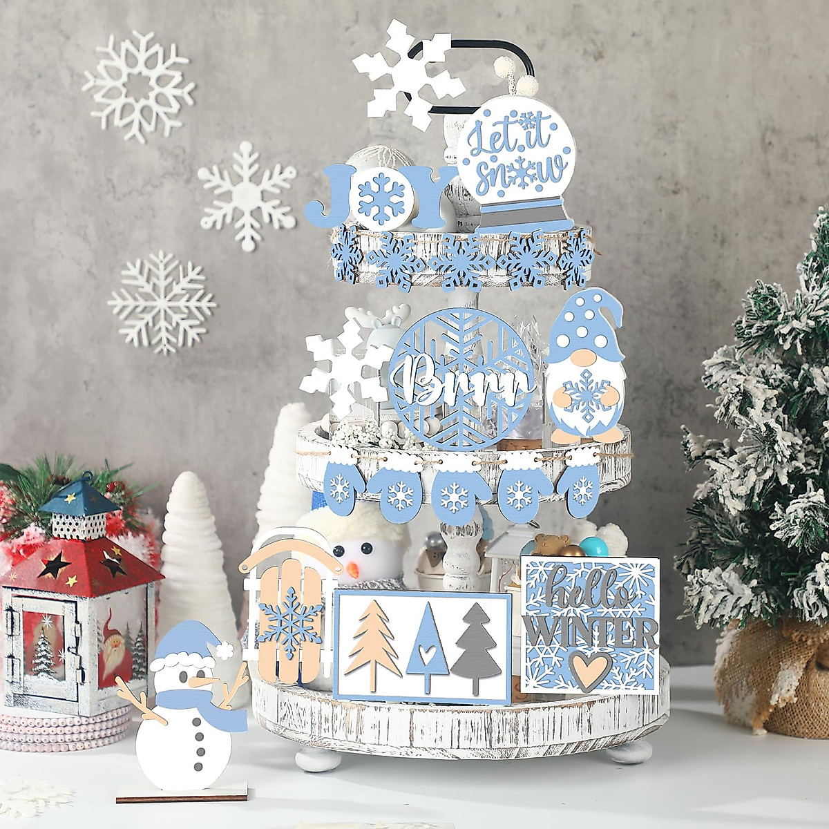 FairySandy 20 Pcs Tiered Tray Decor Snowflake Snowman Gnome Wooden Signs Winter Wonderland Table Centerpieces Rustic Farmhouse Tabletop Sign Decor for Party Home Christmas Holiday