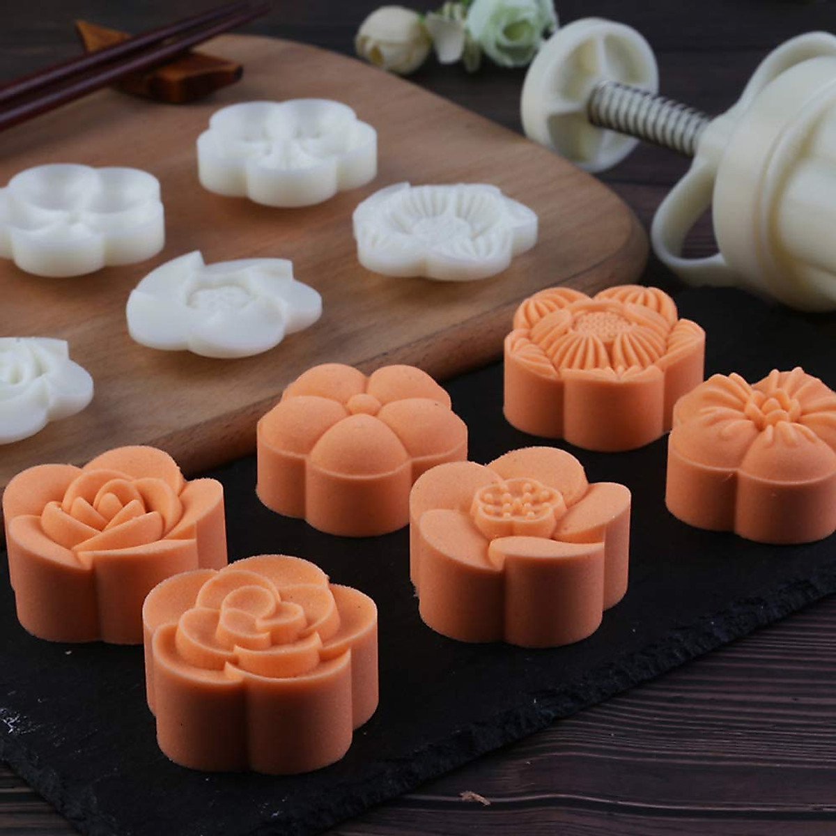 Ylskmu Cookie Stamp 6pcs 50g Moon Cake Mold Set, Thickness Adjustable Mid Autumn Festival DIY Hand Press Cookie Cutter Dessert Pastry Decoration Tool Moon cake Maker