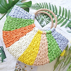 QTKJ Simple Retro Semi-circle Rattan Straw Bag Hand-Woven Round Women Straw Paper Handbag Summer Beach Bag Tote Straw Bag Purse (Colorful)