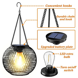 KagoLing Solar Lantern Outdoor, Upgraded Hanging Lights Outdoor Garden Metal Lanterns Decorative Lighting Powered Waterproof Tree for Yard Patio Pathway, 2 Pack, Black