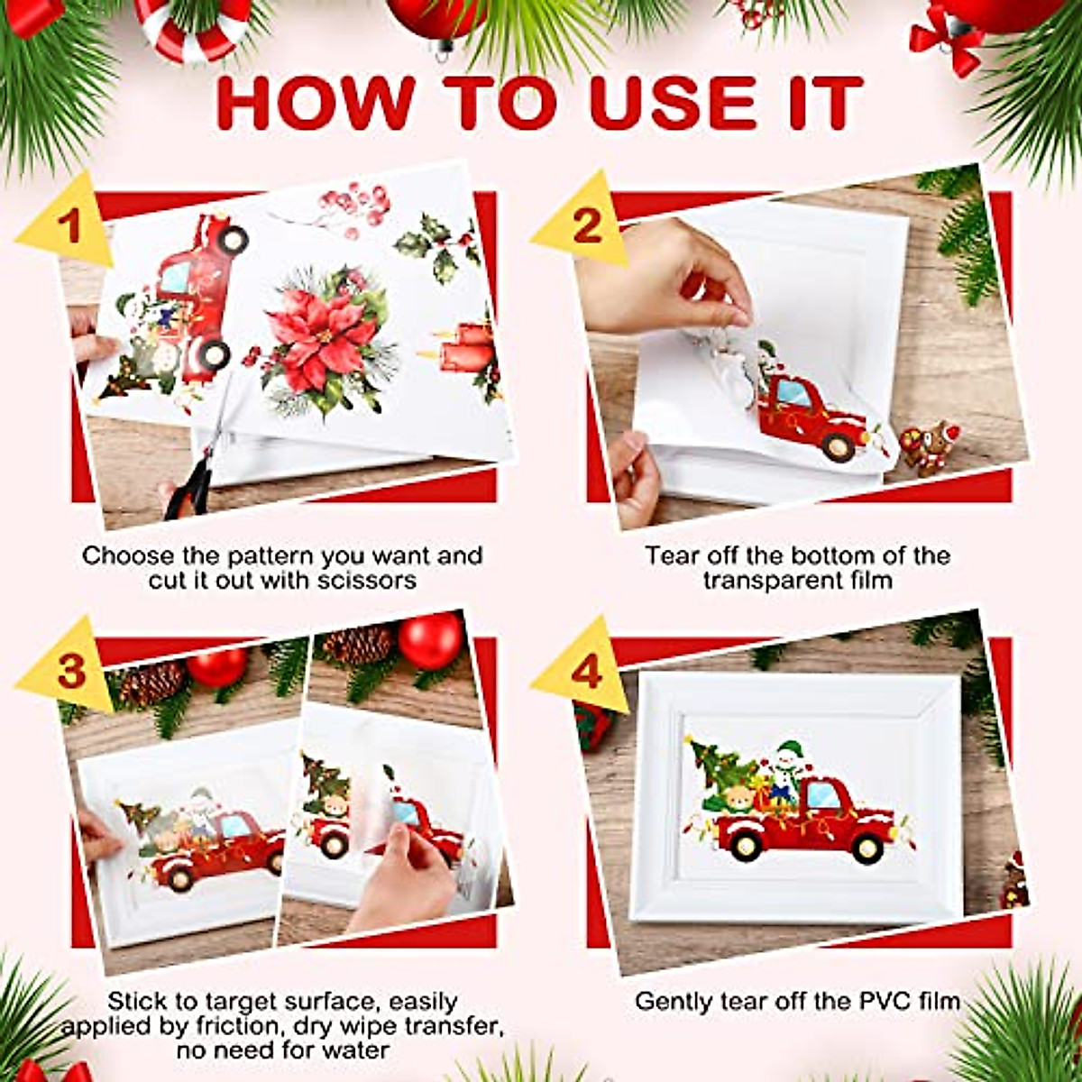 4 Sheets Christmas Rub on Transfer 12 x 16 Inch Vintage Craft Transfers for Furniture Christmas Tree Rub on Decals for Christmas Celebration (Classic Style)