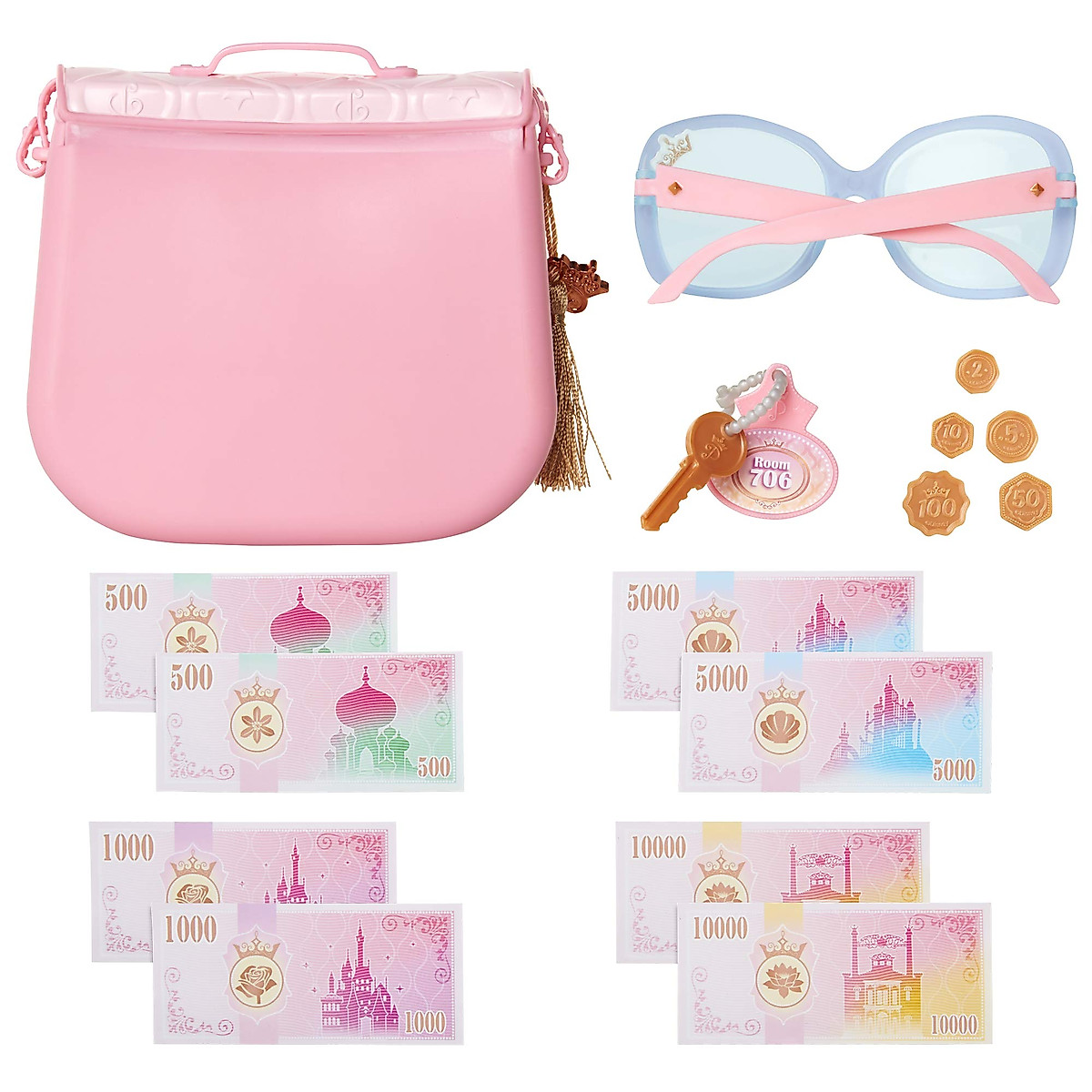Disney Princess Style Collection World Traveler Purse Set Bag with Strap, Sunglasses, Key with charm, 5 Coins & 8 Paper Bills for Girls Ages 3+