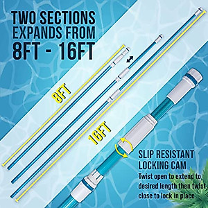 U.S. Pool Supply Professional 16 Foot Blue Anodized Aluminum Telescopic Swimming Pool Pole, Adjustable 2 Piece Expandable Step-Up - Attach Connect Skimmer Nets, Rakes, Brushes, Vacuum Heads with Hoses