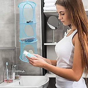 JIELUO 2pcs Hanging Mesh Storage Organizer Bag Foldable Space Saving Organizer with 2pcs S Hooks for Room Bathroom Wall Balcony Wardrobe(Grey，Blue)