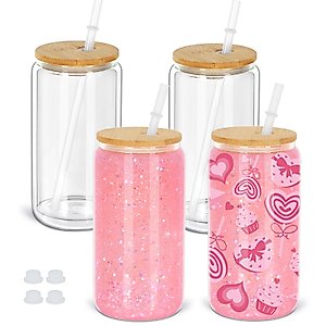 Maucircol 16 Oz Snow Globe Tumbler, 4 Pack Pre-Drilled Sublimation Glass Cup For Glitter Snow Globe Diy, Double Wall Sublimation Glass Tumbler