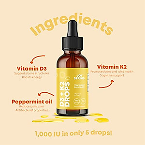 Children Vitamin D Drops - Kids Vitamin D Liquid - Vitamin D3 K2 Drops for Kids May Support Strong Bones and Healthy Immune System - Liquid Vitamin D for Kids & Children - 180 Servings