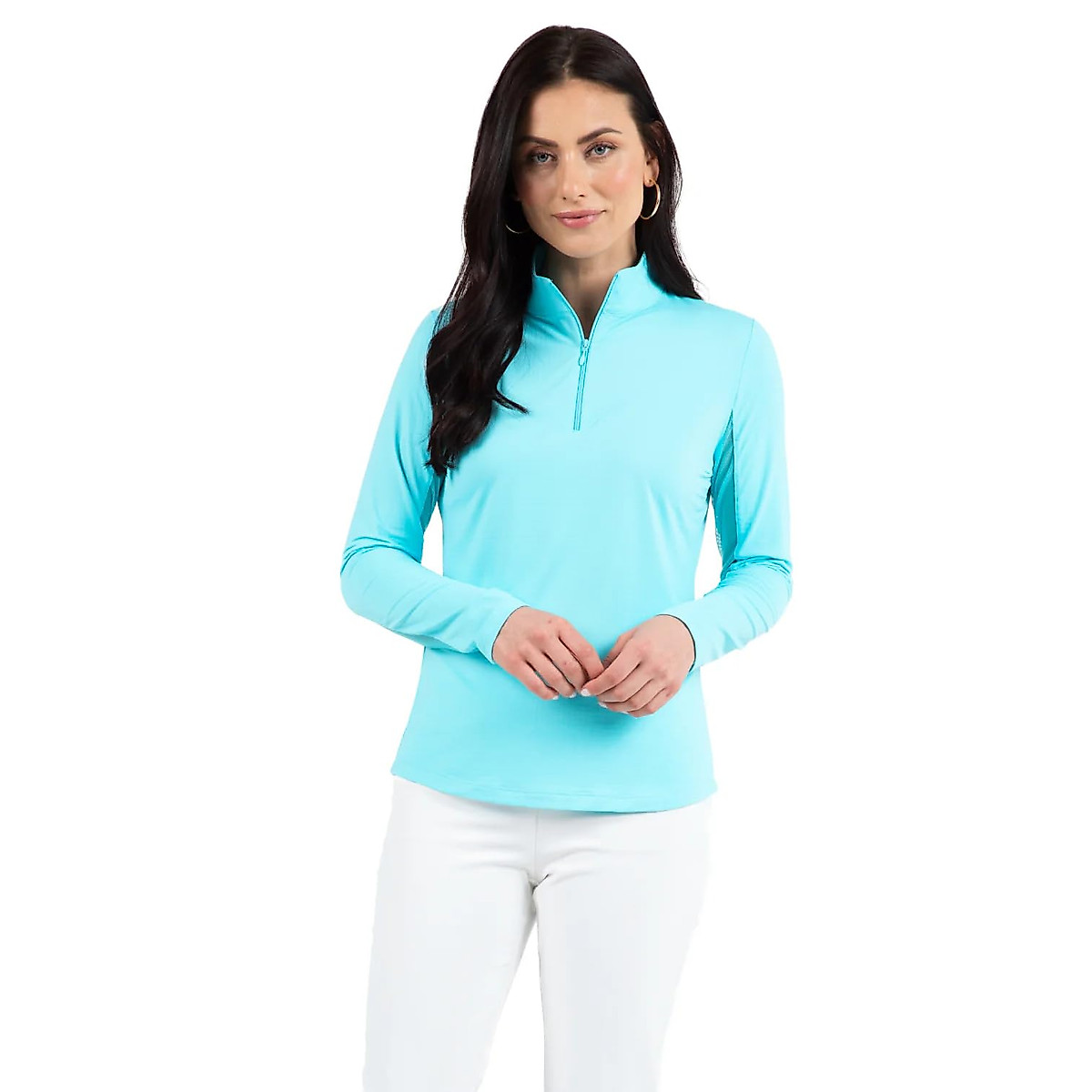 IBKUL Athleisure Wear Sun Protective UPF 50+ Icefil Cooling Tech Long Sleeve Mock Neck Top with Under Arm Mesh 80000 Seafoam Solid S