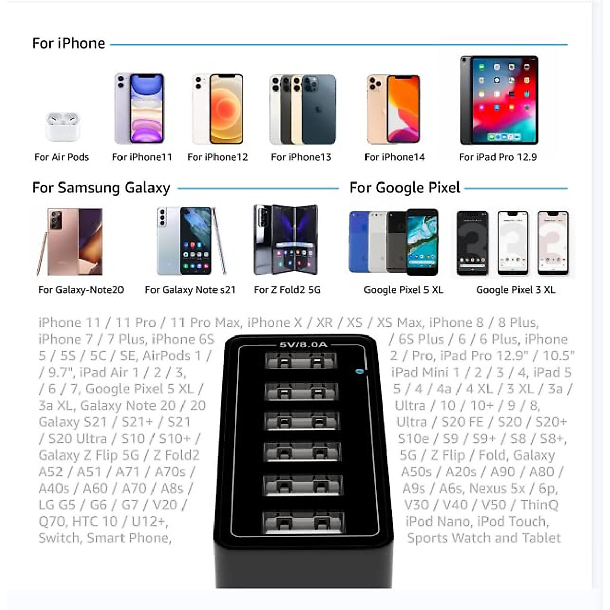 Wall Charger, Arttron 40W 6 Port USB Charging Station, USB Wall Charger multiport and Foldable Plug for iPhone 13/12/11/XR/X/8/7/Plus, iPad Pro/Air 2/Mini, Galaxy S9/S8/S7/S6, Note, LG, HTC and More.