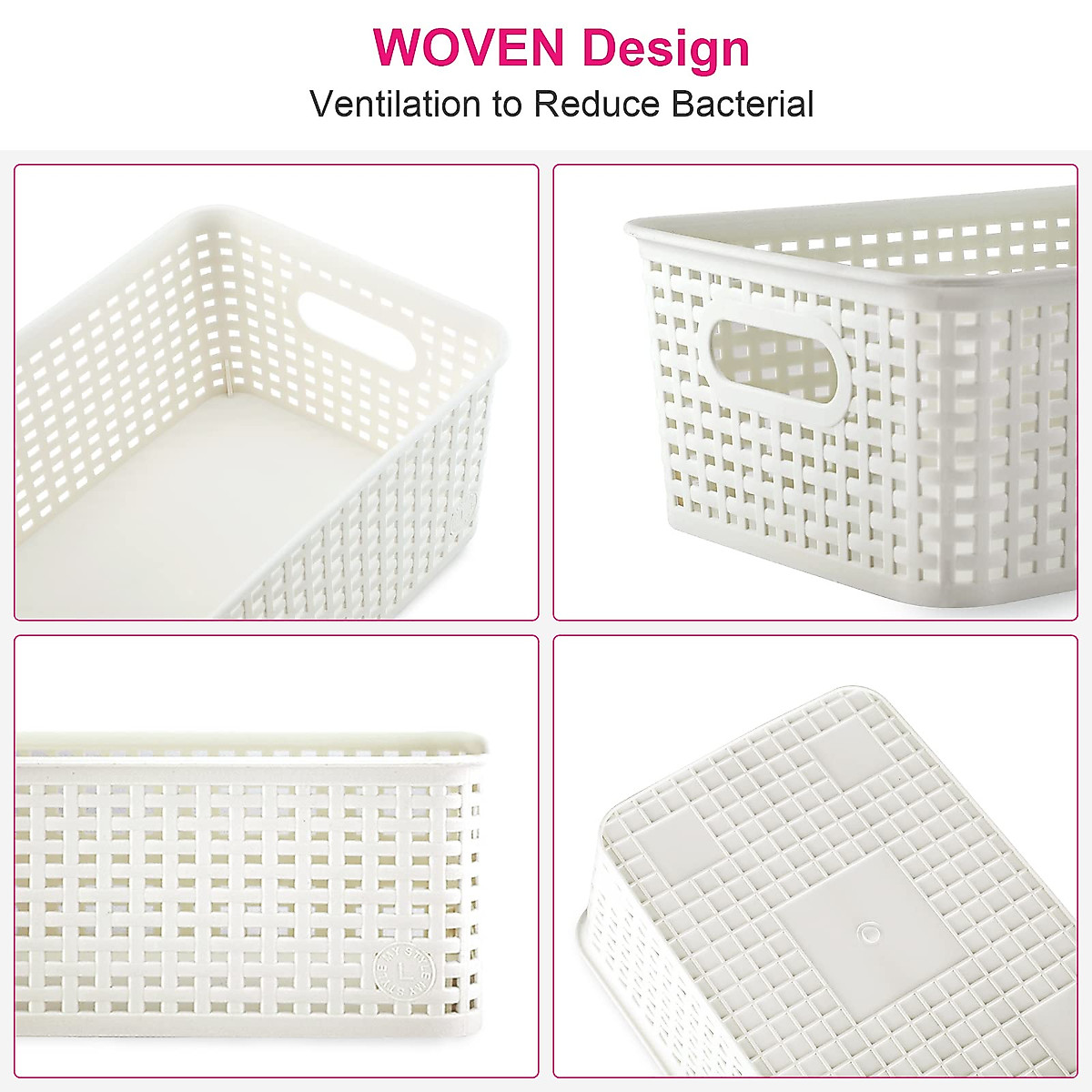 AREYZIN Plastic Storage Baskets With Lid Organizing Container Lidded Knit Storage Organizer Bins for Shelves Drawers Desktop Closet Playroom Classroom Office, White, 6 Pack