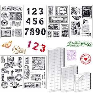 9 Pcs Vintage Clear Stamps Set, 6 Sheet Postage Rubber Stamps 3 Pcs Acrylic Block Tools with Grid Lines Postcard Butterflies Number Stamping for Making Scrapbooking Crafting DIY Card Journal Decor
