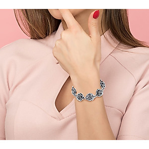 Savlano 925 Sterling Silver 17mm Italian Rose Link Chain Bracelet - 7.5 inch Hollow Flower Rose Bracelet for Women - Made in Italy Comes with Gift Box