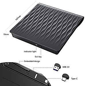 LPUNCD External CD/DVD Drive for Laptop USB 3.0 & Type-C，External CD DVD Burner CD/DVD+/-RW Rewriter for Laptop, Desktop, iMac, MacBook, Compatible with Windows 11/10/XP/8/7/Vista/Linux/MacOS, Black