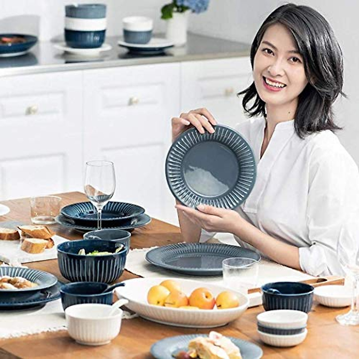 Dinnerware Set,46 Pieces White Blue Vertical Pattern Ceramics Dinner Sets Plates Bowls Combination for Family Party