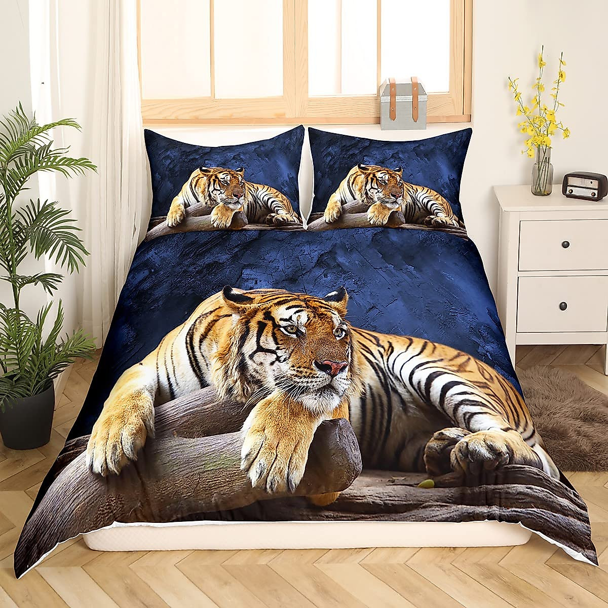 Homewish Tiger Comforter Cover Set 3D Tiger Lying on The Stump Pattern Duvet Cover with Zipper Ties Wild Animal Theme Bedding Set for Kids Boys Teens (1 Duvet Cover + 2 Pillow Cases) Full Size