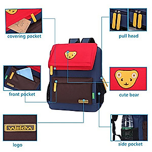 Willikiva Cute Bear Kids School Backpack for Children Elementary School Bags Girls Boys Bookbags (Red/Coffee/Royalblue, Medium)