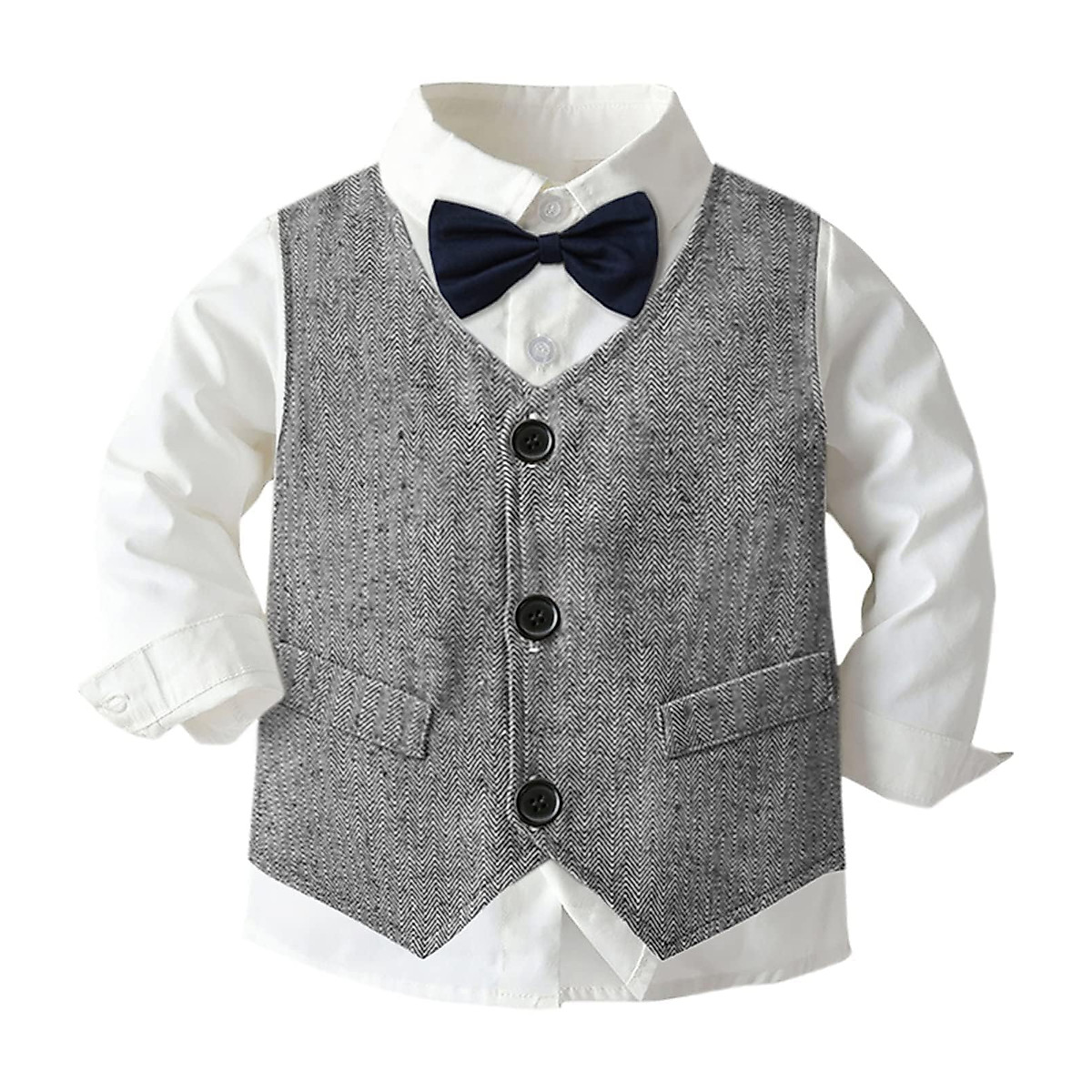 SANGTREE Boys Tuxedo Outfits Suits, Button-Up Formal White Bow Tie Shirt + Vest + Suspender Pants Wedding Party Clothes Set, Grey Claws, 12-18 Months = Tag 80
