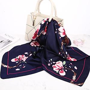 DOOBO Silk Scarf - 3 Pcs 35 Inches Polyester Satin Head Scarf for Women - Aquamarine, Navy, Khaki