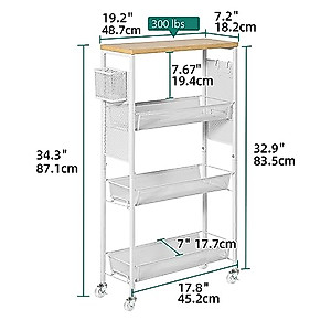 YITAHOME 4-Tier Slim Rolling Cart, Kitchen Cart with Wheels, Storage Cart with Wooden Tabletop and Mesh Baskets, Mobile Utility Cart for Narrow Space for Kitchen, Bathroom, Laundry Room,White