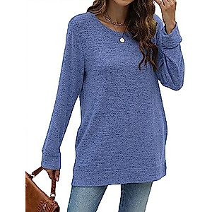 LERUCCI Women's Casual Loose Fall Sweatshirt Long Sleeve Crewneck Pullover Side Split Tunic Tops With Pockets Blue XL