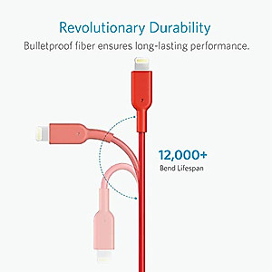 Anker Powerline II Lightning Cable (6ft), MFi Certified for iPhone Xs/XS Max/XR/X / 8/8 Plus /7/7 Plus / 6/6 Plus (Red)