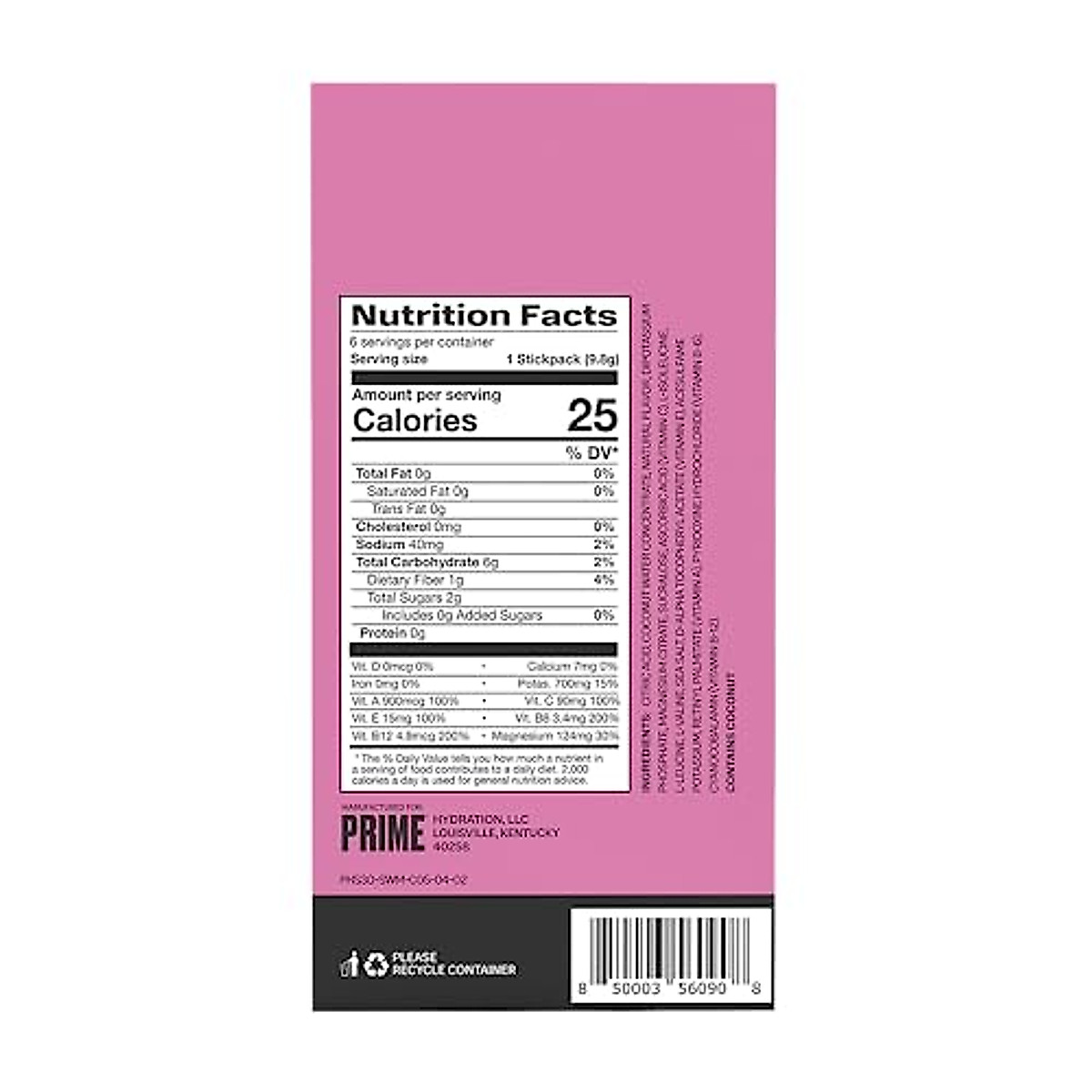 Prime Hydration+ Stick Pack, Electrolyte Drink Mix, 10% Coconut Water, 250mg BCAAs, Antioxidants, Naturally Flavored, Zero Added Sugar, Easy Open Single-Serving Stick, STRAWBERRY WATERMELON, 6 Sticks