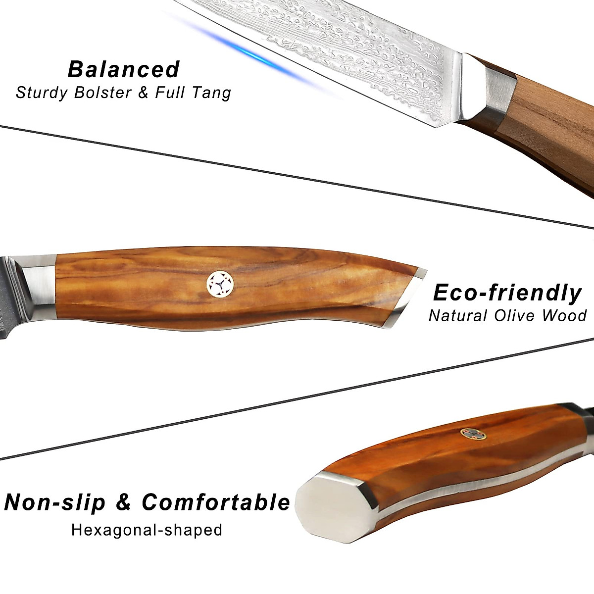 Steak Knives Set of 6, Super Sharp 5" Non-serrated Japanese Damascus Steel Steak Knife with Full-Tang Ergonomic Olive Wood Handle