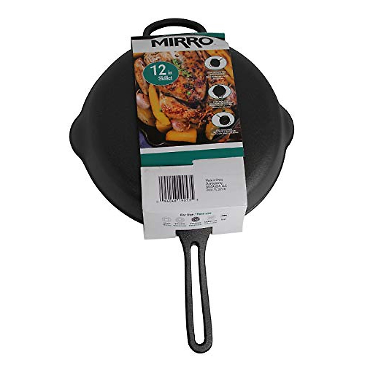 Mirro MIR-19053 12" Pre-Seasoned Ready to Use Round Cast Iron Skillet with Helper Handle, Black