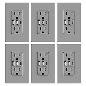 ELEGRP 30W 6.0 Amp 3-Port USB Wall Outlet, 20 Amp Receptacle with USB Type C & Type A Ports, USB Charger for iPhone/iPad/Samsung/LG/HTC/Android Devices, UL Listed, w/Wall Plate, 6 Pack, Matte Gray