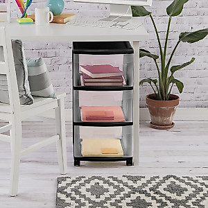 Plastic Drawer Storage Organizer 3 Drawer Plastic Cart Dorm Storage Shelves Containers With Drawer Unit w/Wheels for Art Supplies,Home,Closet,Bathroom,Office, Black with Clear Drawers, Adult
