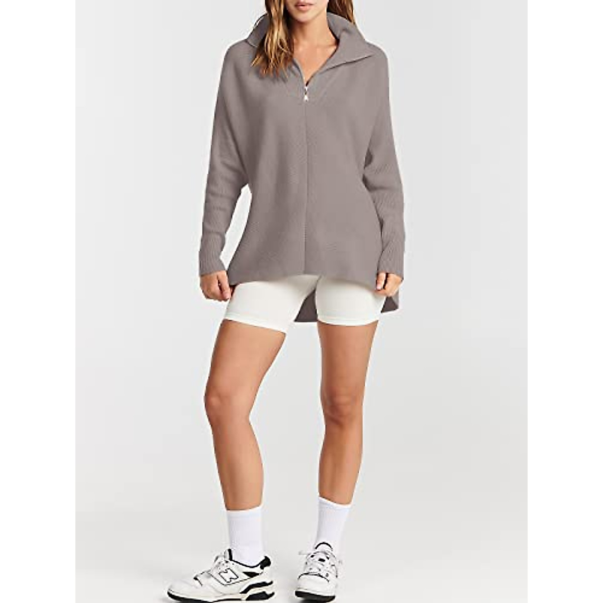 ANRABESS Women's Oversized Half Zip Sweaters 2023 Fall Quarter Zip V Neck Collared Long Batwing Sleeve Casual Loose Baggy Slouchy High Low Hem Knit Wram Tunic Sweater Winter Trendy 758hongxing-M