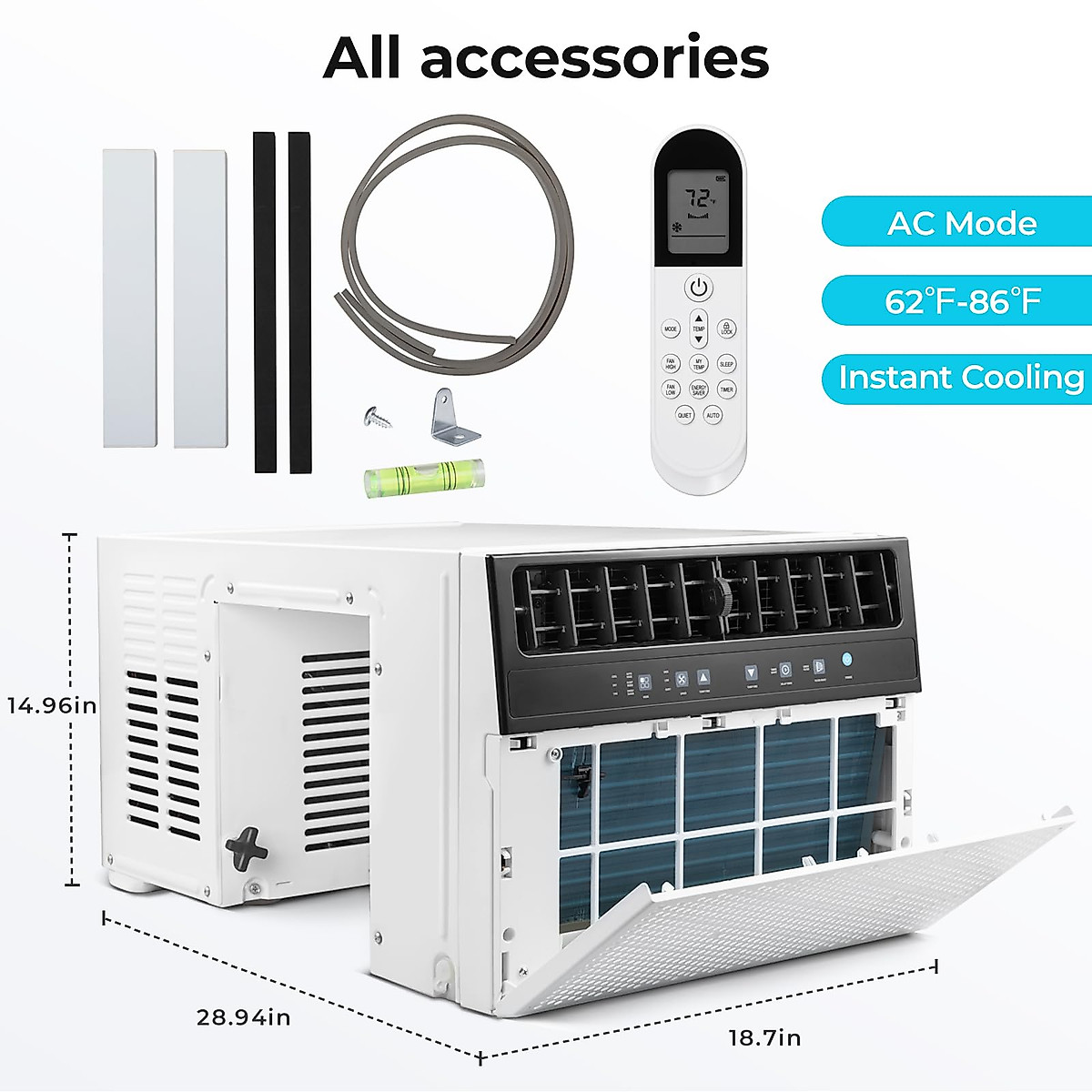 R.W.FLAME 12,000 BTU Window Air Conditioners, U-Shaped Air Conditioner Window Unit Cools up to 550 Sq. Ft, 6 Modes 24H Timer Energy-saving Window AC Units, Full Window View, Easy to Install, White