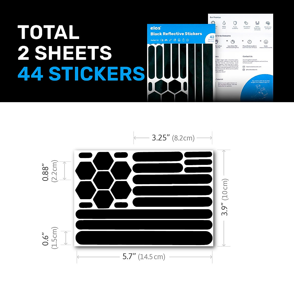Elos Reflective Gear 3M Reflective Black Stickers - Reflective Helmet Tape, Motorcycle Reflective Tape, Hi Viz Stickers for Helmets - Discreet Black Until Light Hits It (Regular Style, 2, Count)