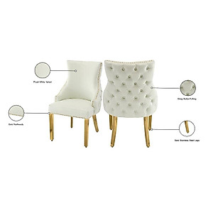 Meridian Furniture 730White-C Collection Modern | Contemporary Faux Leather Upholstered Dining Chair with Tufted Back and Gold Sturdy Stainless Steel Legs, Set of 2, 24" W x 25.5" D x 37.5" H, White