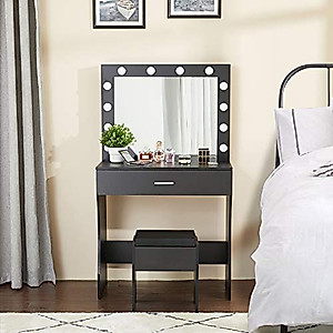 Vanity Table Set with Lighted Mirror, Makeup Vanity Desk for Girls Women, Larger Drawer and Cushioned Stool with Extra Storage Space