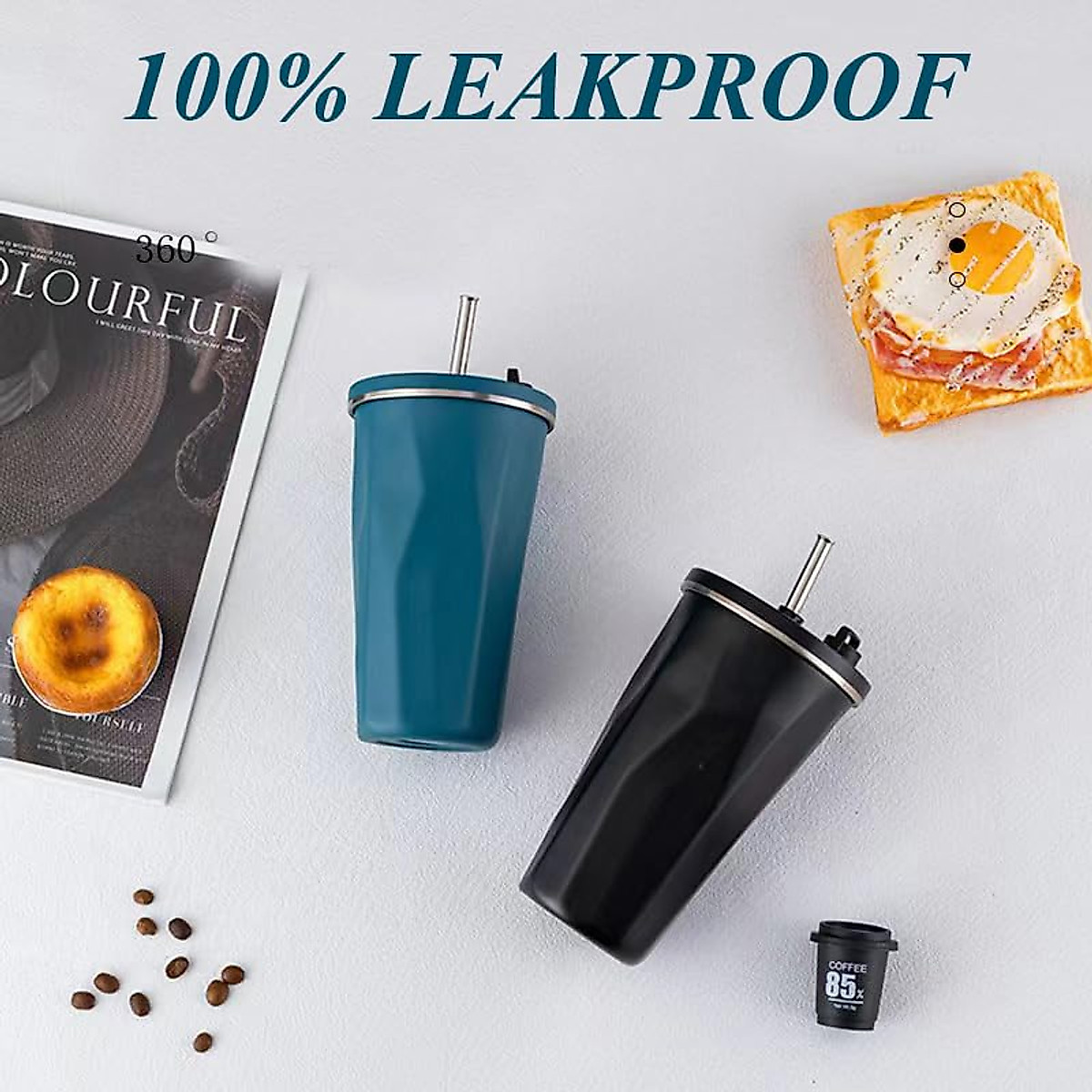 FRAGSCEN Insulated Tumbler with Lid and Straw, 20 OZ Stainless Steel Tumbler with Screw Lid, Iced Coffee Cup, Double Wall Vacuum Tumblers, Leakproof Water Bottle Travel Mug, Navy Blue