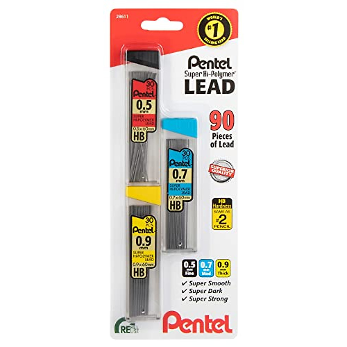 Pentel Super Hi-Polymer Mechanical Pencil Lead Refill - 0.5mm, 0.7mm, 0.9mm - 90 Led refills (30 of Each Size)
