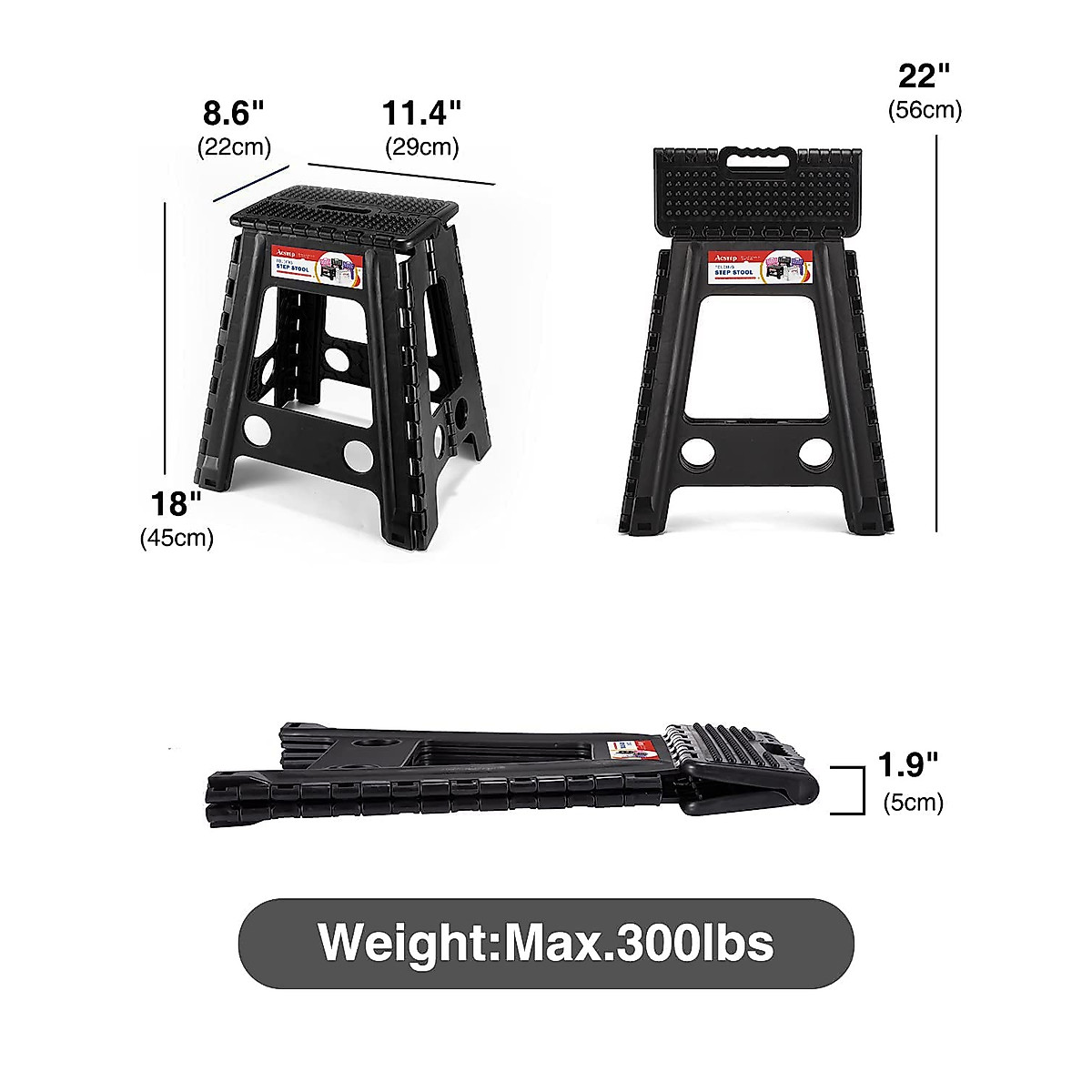 ACSTEP 18 Inch Folding Step Stools for Adults and Kids, Non-Slip Foldable Plastic Collapsible Stepping Stool with Handle Holds Up to 300 LBS Dot Black (1 Pack)