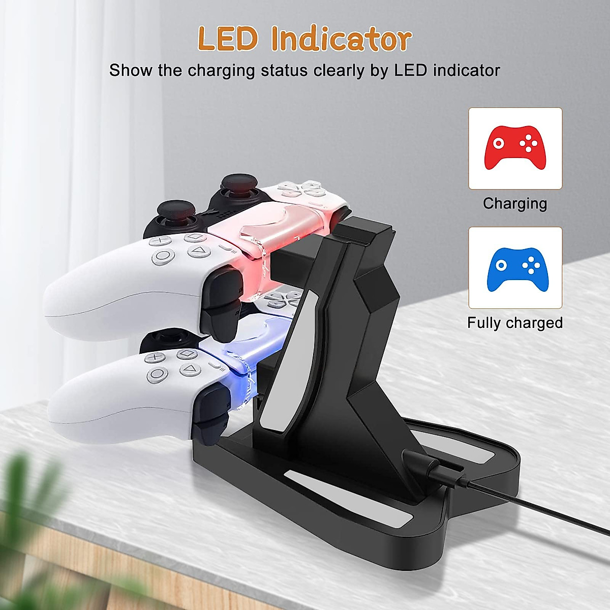 PS5 Controller Charging Station, Dual USB Type-C Fast Charging with LED Indicator, PS5 Charging Station Dock Stand for Sony, Playstation 5 DualSense Controller, with Safety Chip Protection