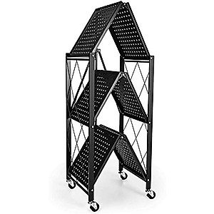 HealSmart 3-Tier Heavy Duty Foldable Metal Rack Storage Shelving Unit with Wheels Moving Easily Organizer Shelves Great for Garage Kitchen Holds up to 750 lbs Capacity, Black (HKSHLFFOLD28153403BV1)