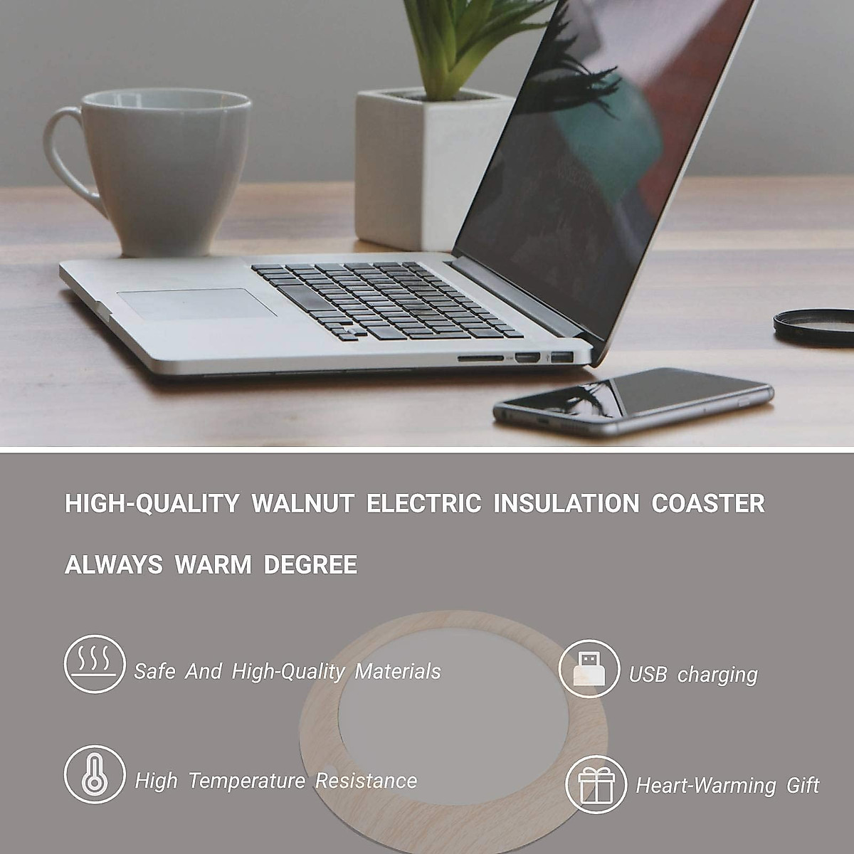 Wood Grain Electric Portable Cup Warmer Plate & Coffee Warmer & Mug Warmer with USB Cable for Office/Home/Travel Use, Suitable for Stainless Steel Cup, Ceramic Cup, Glass Cup, etc(Light Wood Grain)