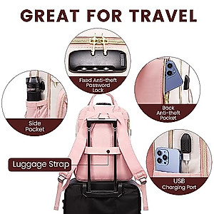 LOVEVOOK Laptop Backpack for Women, Fits 17 Inch Laptop Bag, Fashion Travel Work Anti-theft Bag, Business Computer Waterproof Backpack Purse, University Backpacks, Beige-Pink-Pink
