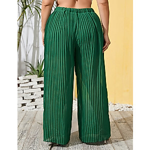 KOJOOIN Women Plus Size Pleated Wide Leg Palazzo Pants Elastic High Waist Loose Fit Chiffon Summer Casual Pants Green 2XL