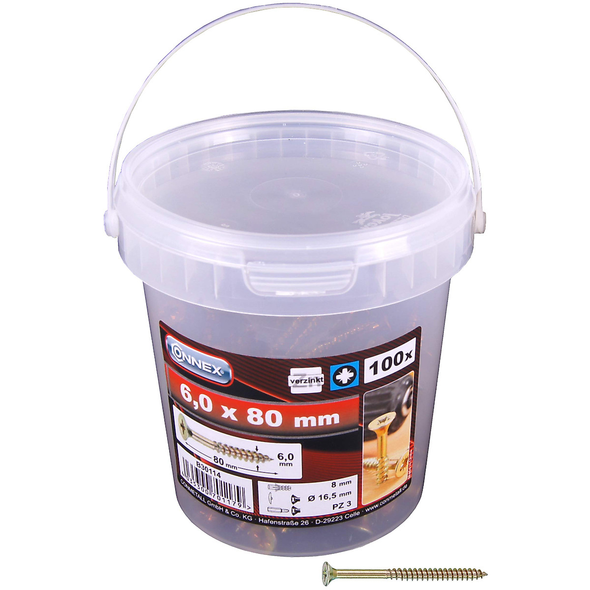 CONNEX B30114 Uni. Screw PZ 6,0x80 per Bucket, Gold, 6,0 x 80 mm (100 Stück)
